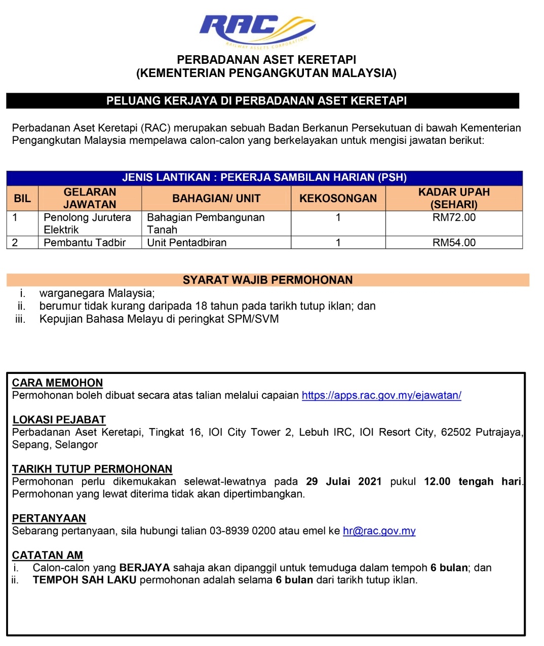 Iklan Jawatan Perbadanan Aset Keretapi (RAC) • Portal Kerja Kosong Graduan