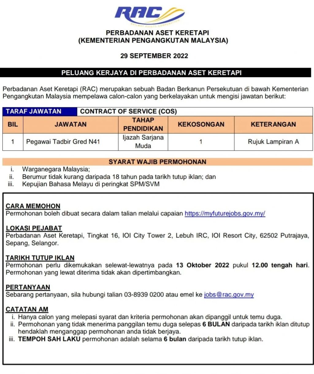 Iklan Jawatan Perbadanan Aset Keretapi • Portal Kerja Kosong Graduan Iklan Jawatan Perbadanan Aset Keretapi • Portal Kerja Kosong Graduan
