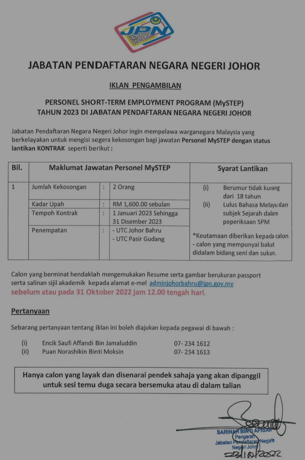 Iklan Jawatan Jabatan Pendaftaran Negara (JPN) • Portal Kerja Kosong Graduan