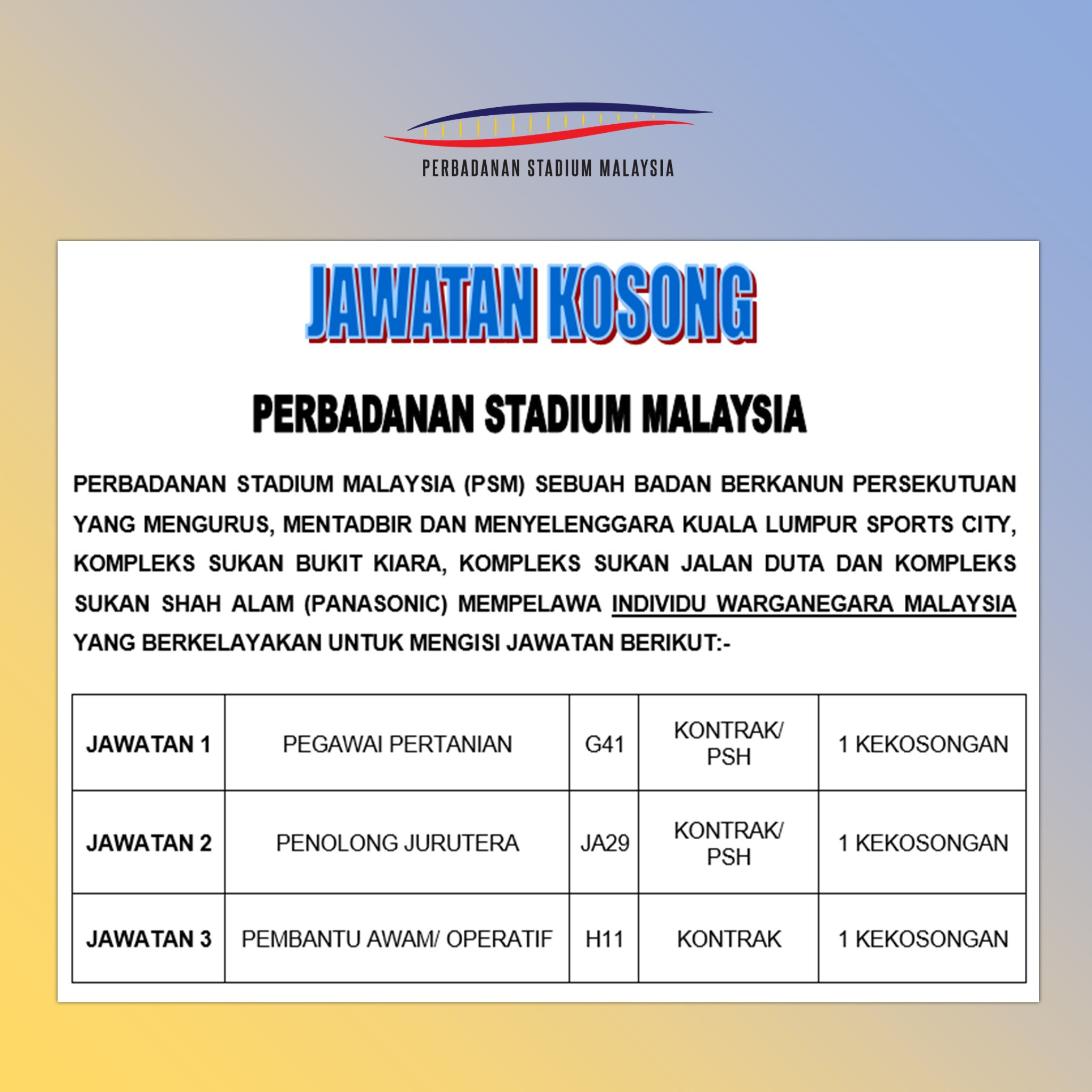 Iklan Jawatan Perbadanan Stadium Malaysia • Portal Kerja Kosong Graduan