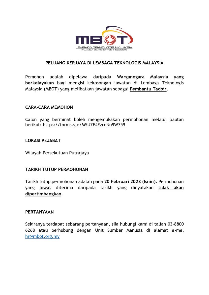 Iklan Jawatan Lembaga Teknologis Malaysia (MBOT) • Portal Kerja Kosong Graduan