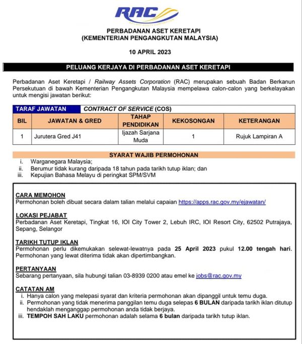 Iklan Jawatan Kosong Perbadanan Aset Keretapi (RAC) • Portal Kerja Kosong Graduan
