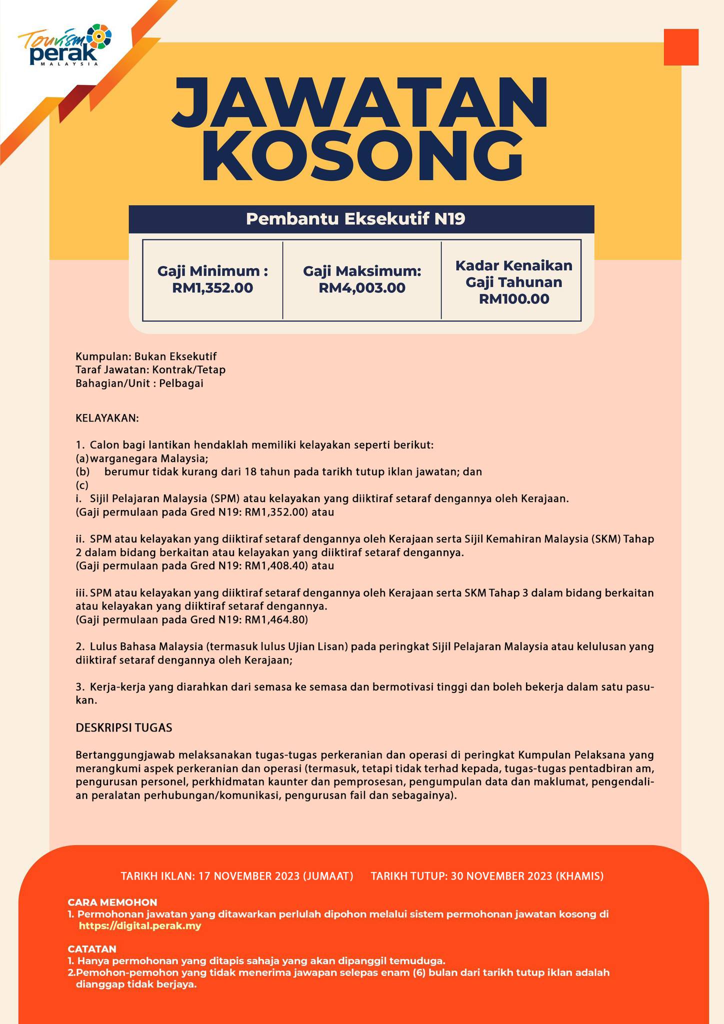 Iklan Jawatan Kosong Tourism Perak Malaysia • Portal Kerja Kosong Graduan