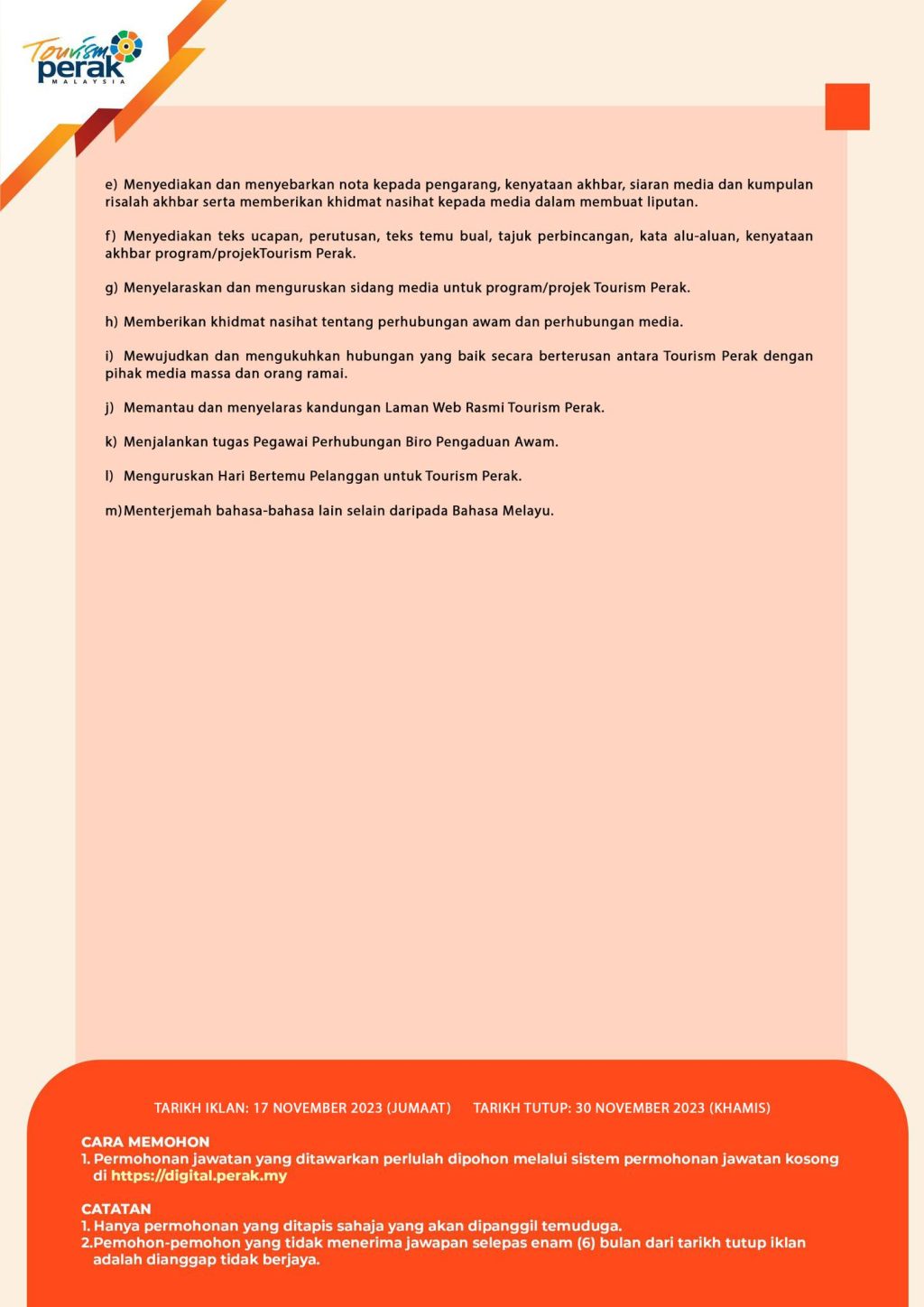 Iklan Jawatan Kosong Tourism Perak Malaysia • Portal Kerja Kosong Graduan