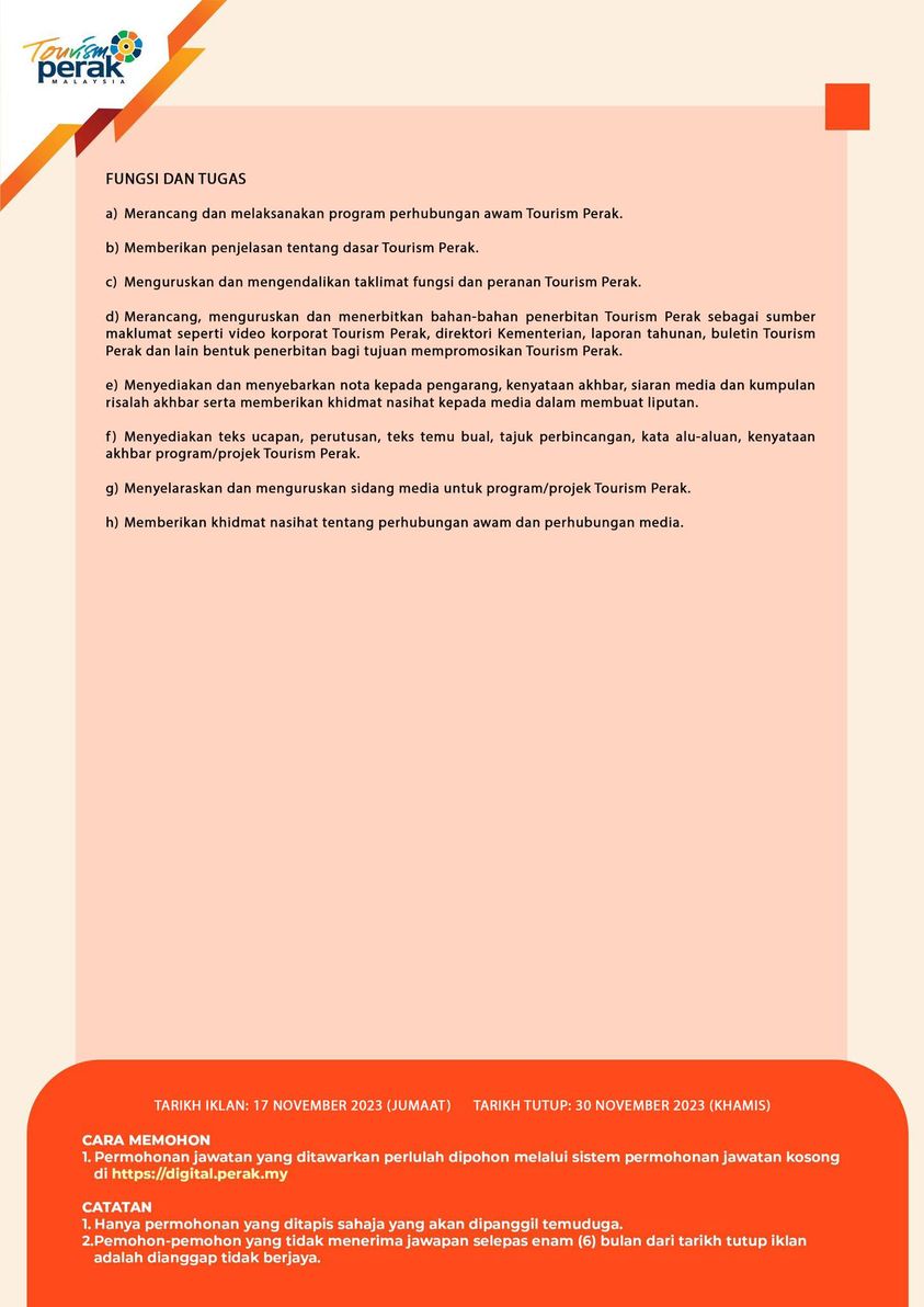 Iklan Jawatan Kosong Tourism Perak Malaysia • Portal Kerja Kosong Graduan