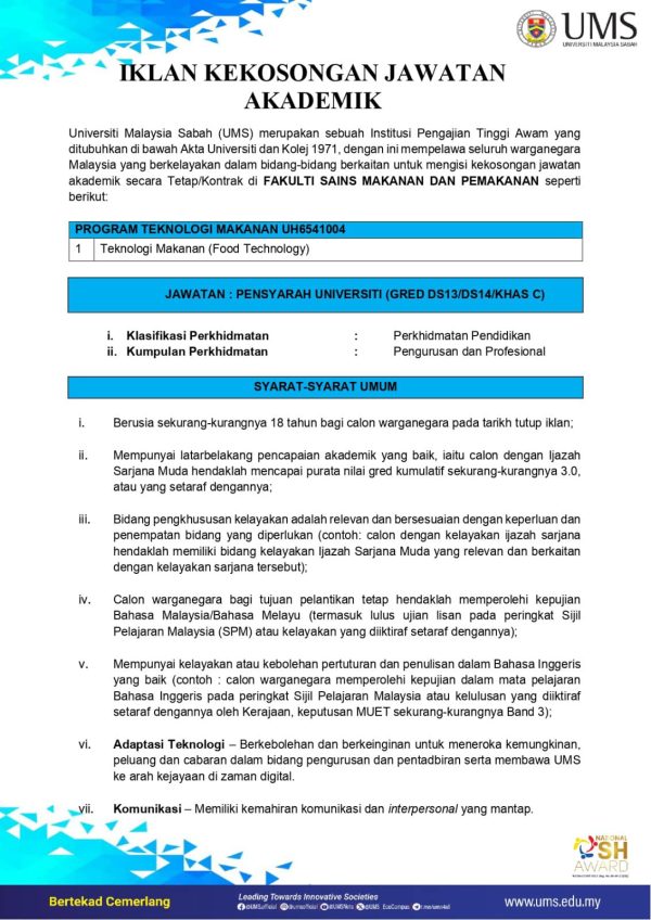 Iklan Jawatan Kosong Universiti Malaysia Sabah (UMS) • Portal Kerja Kosong Graduan