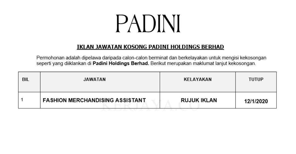 Permohonan Jawatan Kosong Padini Holdings Berhad • Portal Kerja Kosong ...