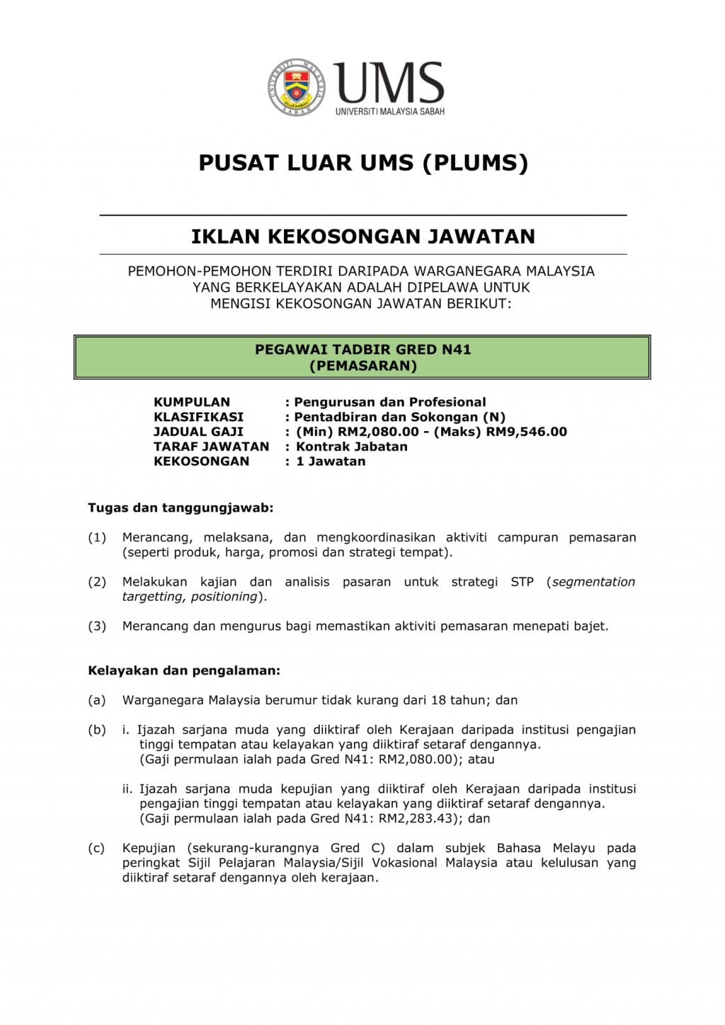 Iklan Jawatan Kosong Universiti Malaysia Sabah (UMS) • Portal Kerja Kosong Graduan