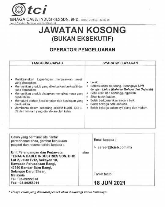 Iklan Jawatan Tenaga Cabel Industries (TCISB) • Portal Kerja Kosong Graduan