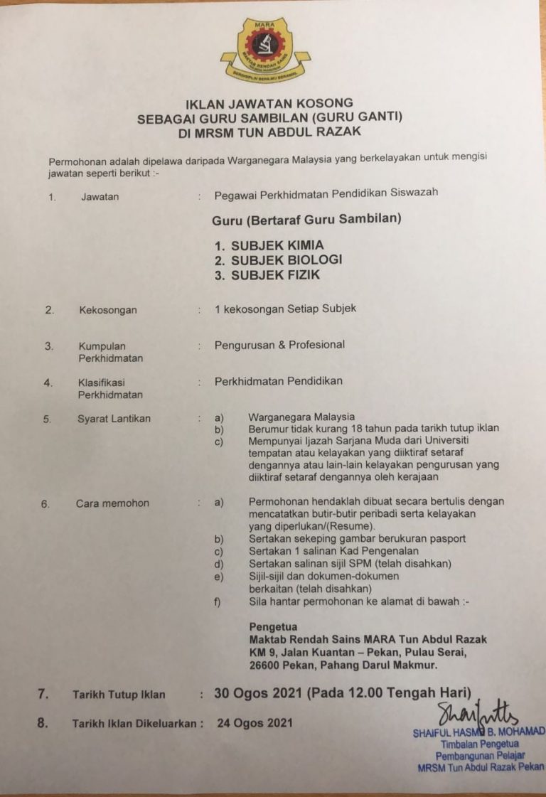 Iklan Jawatan MRSM Tun Abdul Razak • Portal Kerja Kosong Graduan
