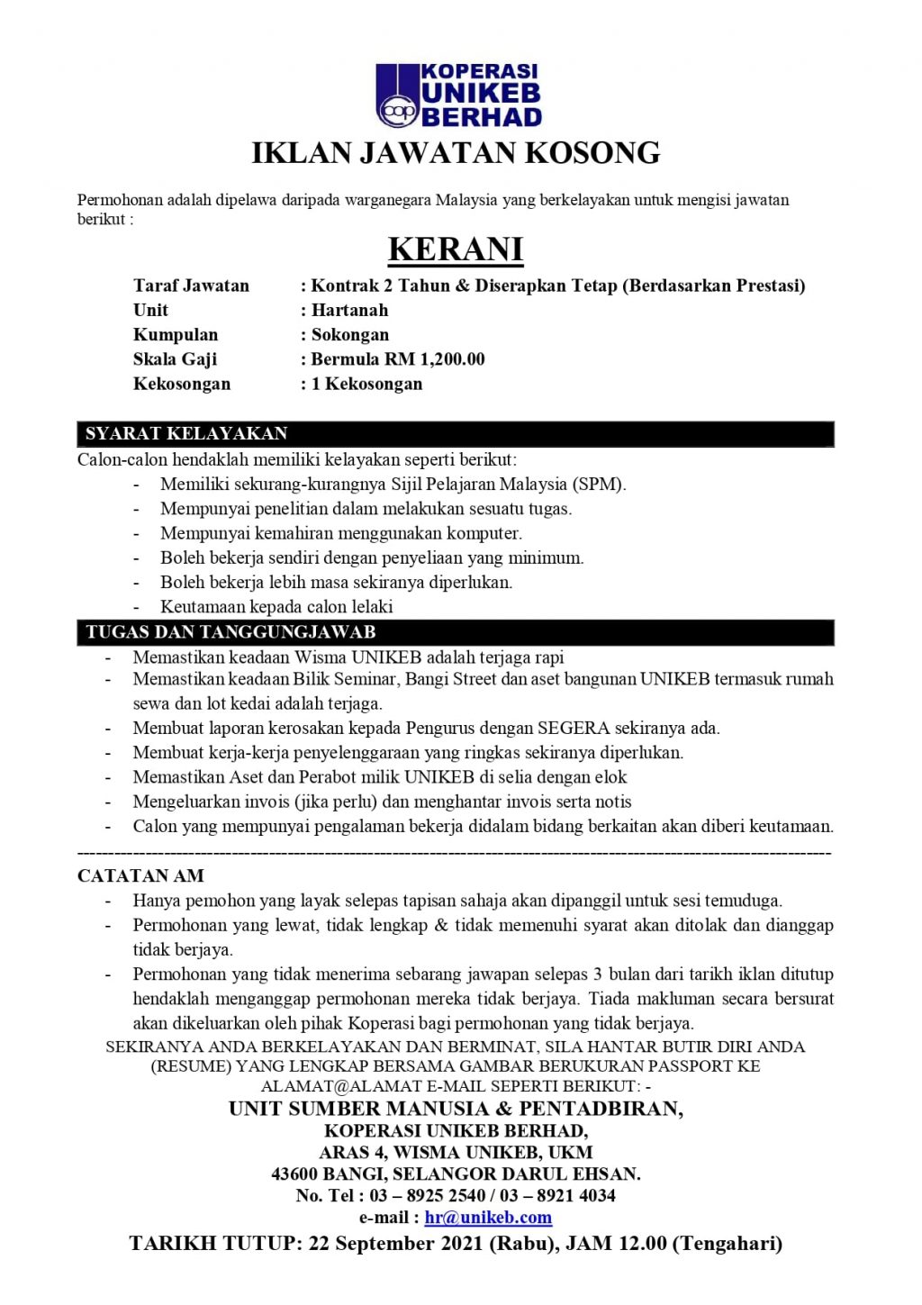 Iklan Jawatan Koperasi UNIKEB Berhad • Portal Kerja Kosong Graduan