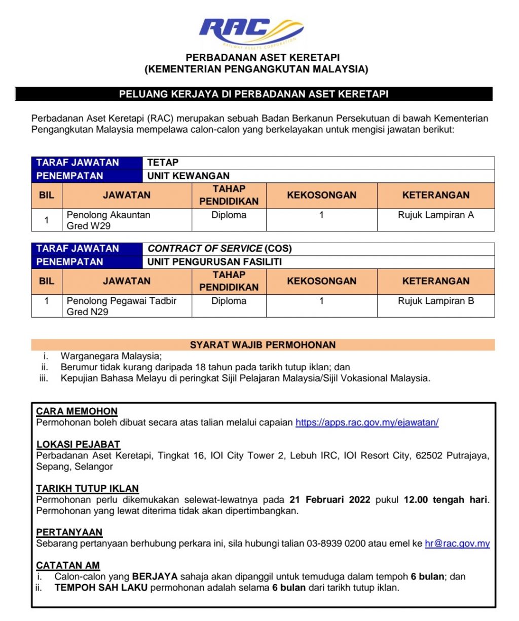 Iklan Jawatan Perbadanan Aset Keretapi (RAC) • Portal Kerja Kosong Graduan