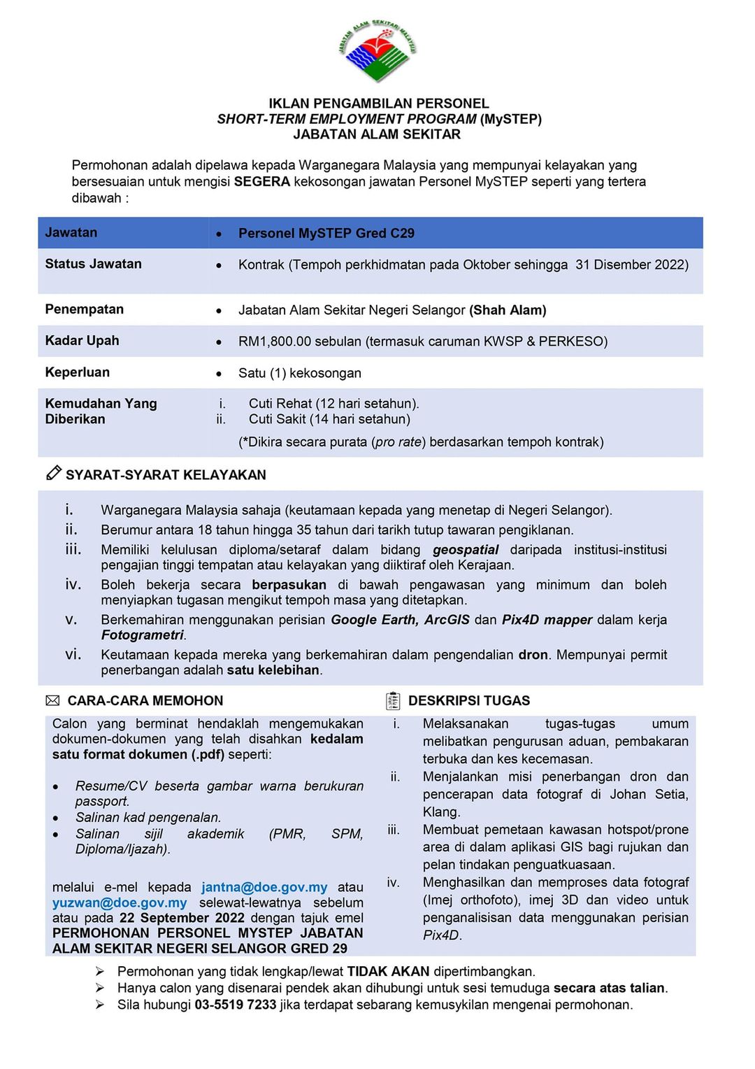 Iklan Jawatan Jabatan Alam Sekitar • Portal Kerja Kosong Graduan