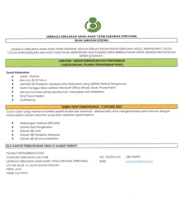 Iklan Jawatan Lembaga Kebajikan Anak Anak Yatim Sarawak Peryatim