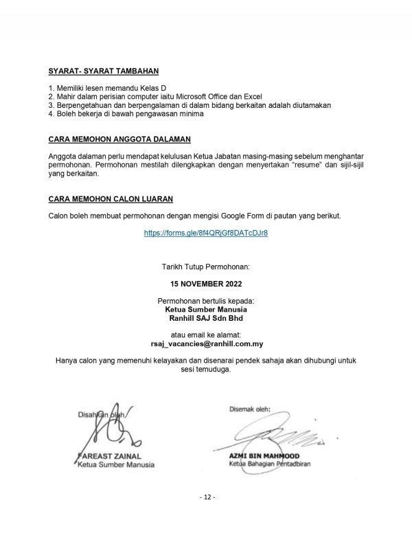 Iklan Jawatan Ranhill SAJ Sdn Bhd • Portal Kerja Kosong Graduan