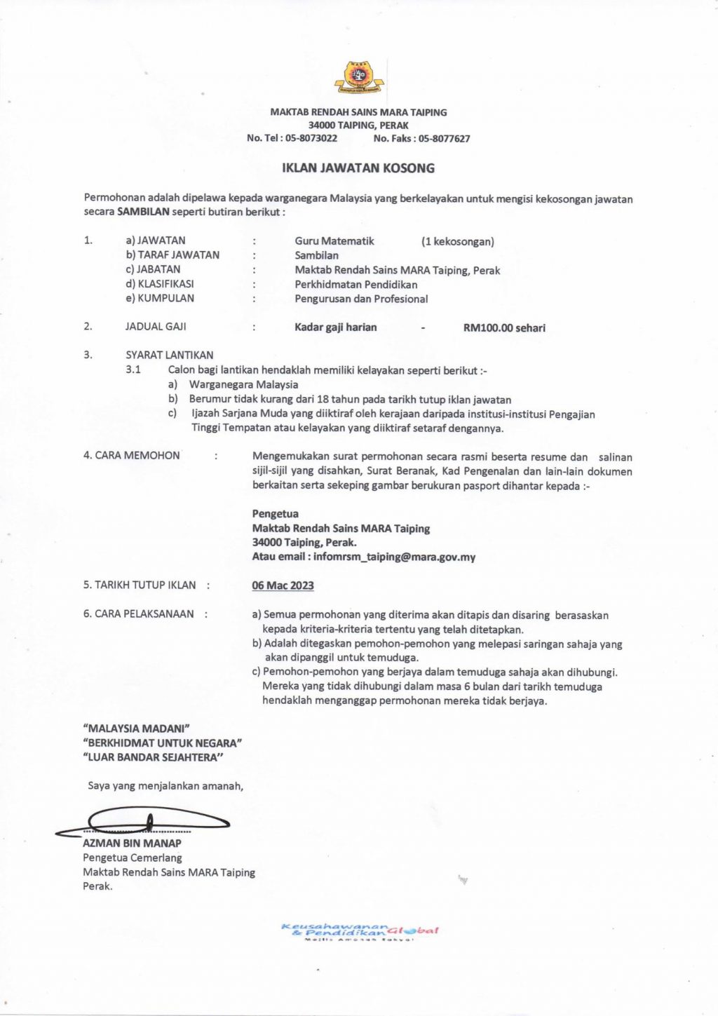 Iklan Jawatan Mrsm Taiping • Portal Kerja Kosong Graduan