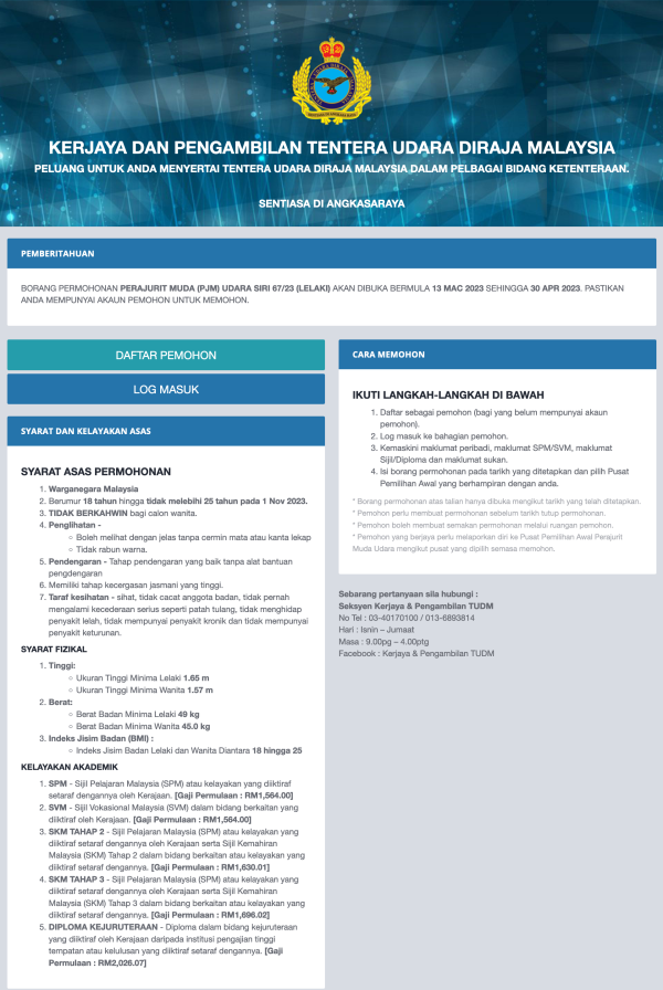 Iklan Jawatan Perajurit Muda Tentera Udara DiRaja Malaysia (TUDM ...