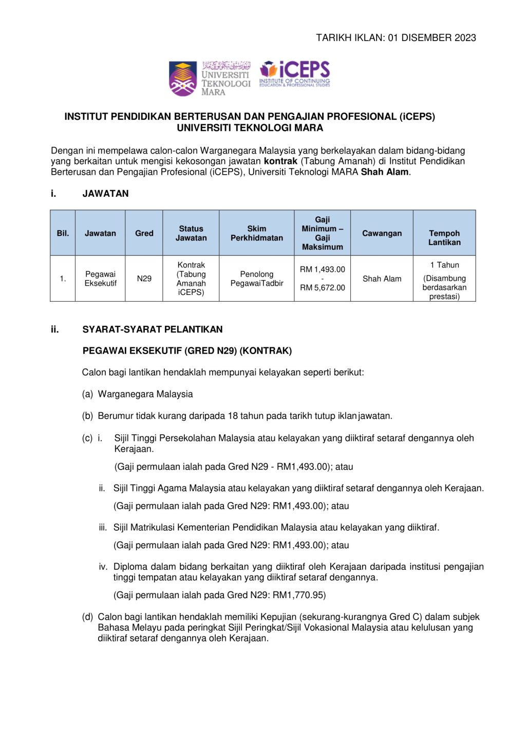 Iklan Jawatan Kosong Universiti Teknologi MARA Shah Alam • Portal Kerja ...