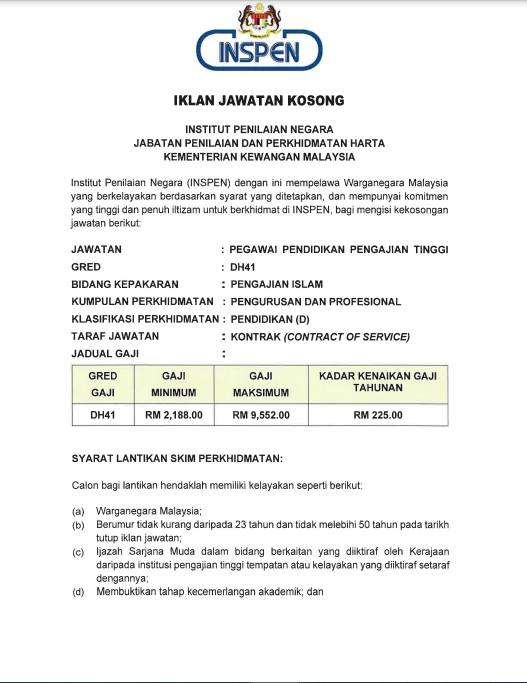 Iklan Jawatan Kosong Institut Penilaian Negara Jabatan Penilaian Dan ...