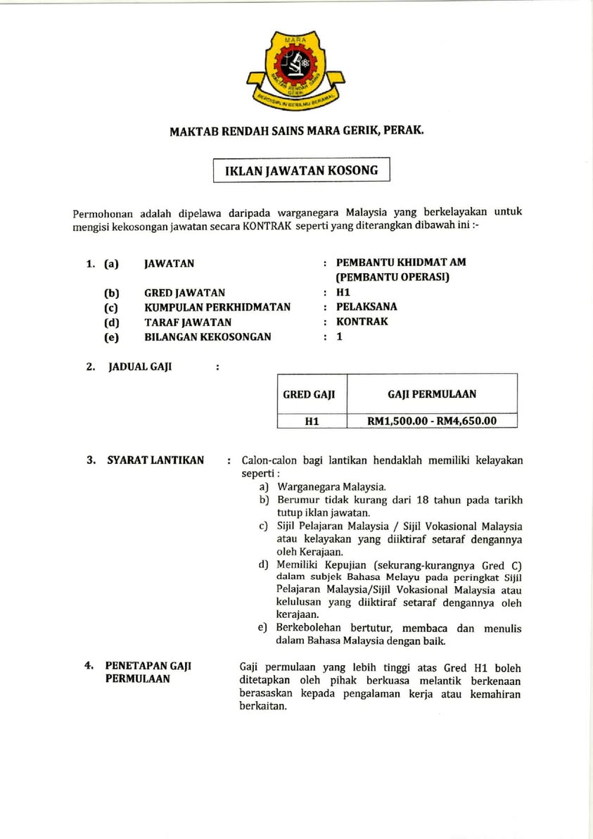 Iklan Jawatan Kosong Maktab Rendah Sains MARA Gerik • Portal Kerja ...