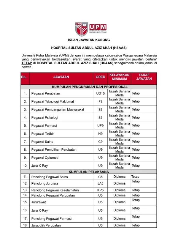 Iklan Jawatan Kosong Hospital Sultan Abdul Aziz Shah (HSAAS) • Portal ...