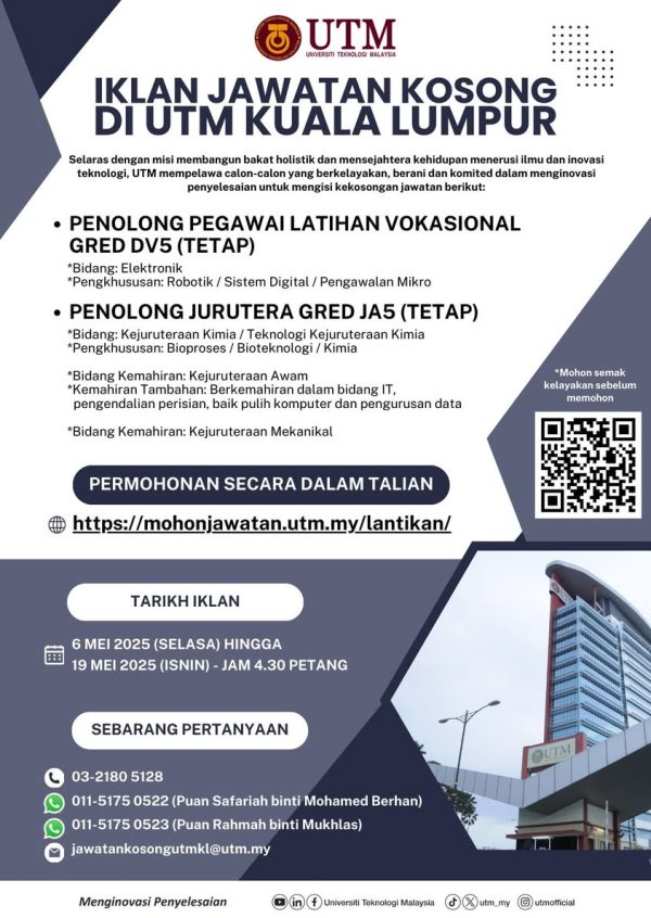 Iklan Jawatan Kosong Universiti Teknologi Malaysia (UTM) • Portal Kerja ...
