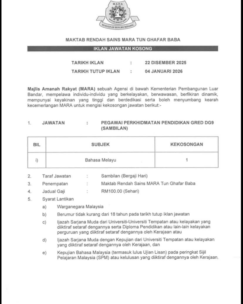 Iklan Jawatan Kosong Maktab Rendah Sains Mara (MRSM) Tun Ghafar Baba ...